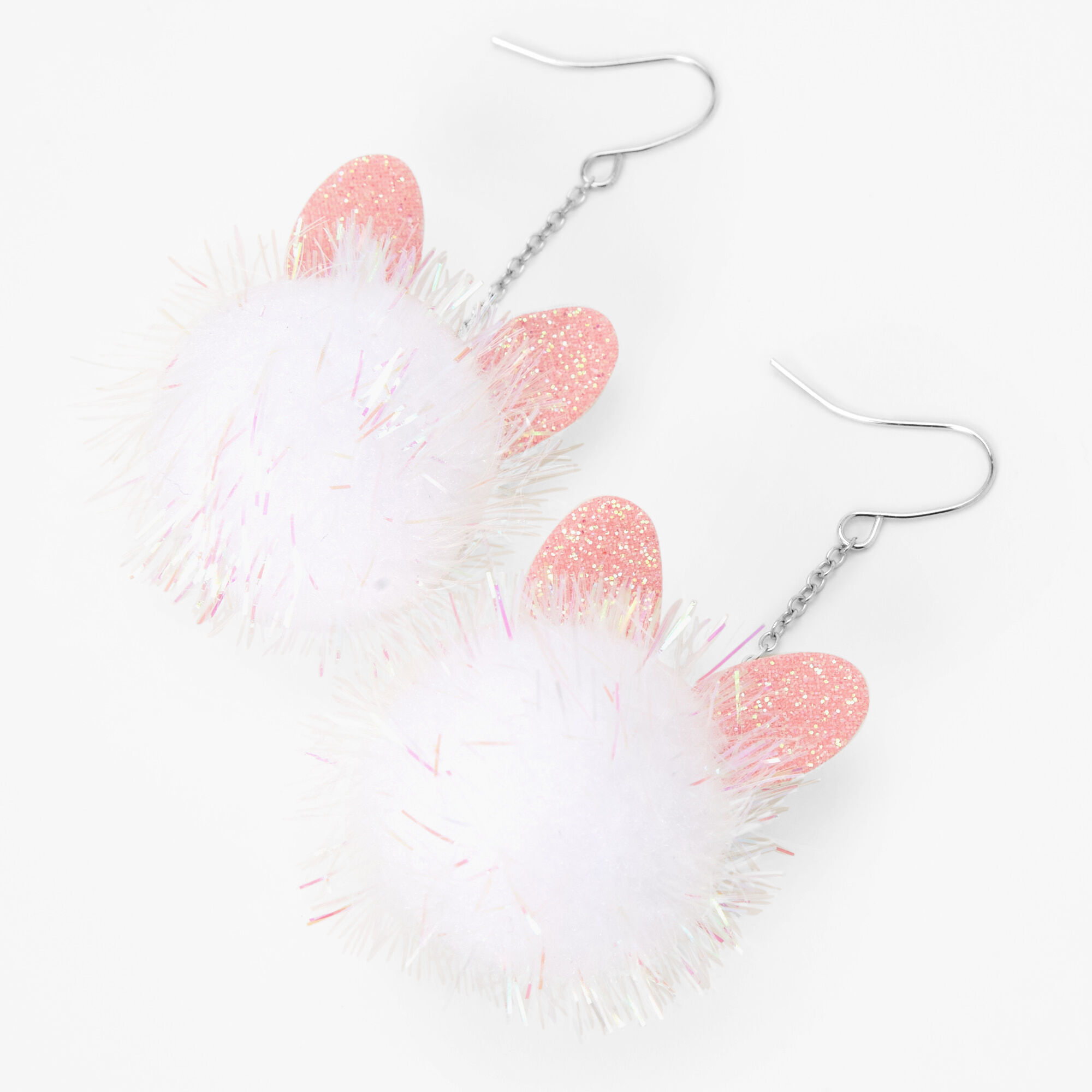 Silver 2 White Bunny Ear Pom Drop Earrings