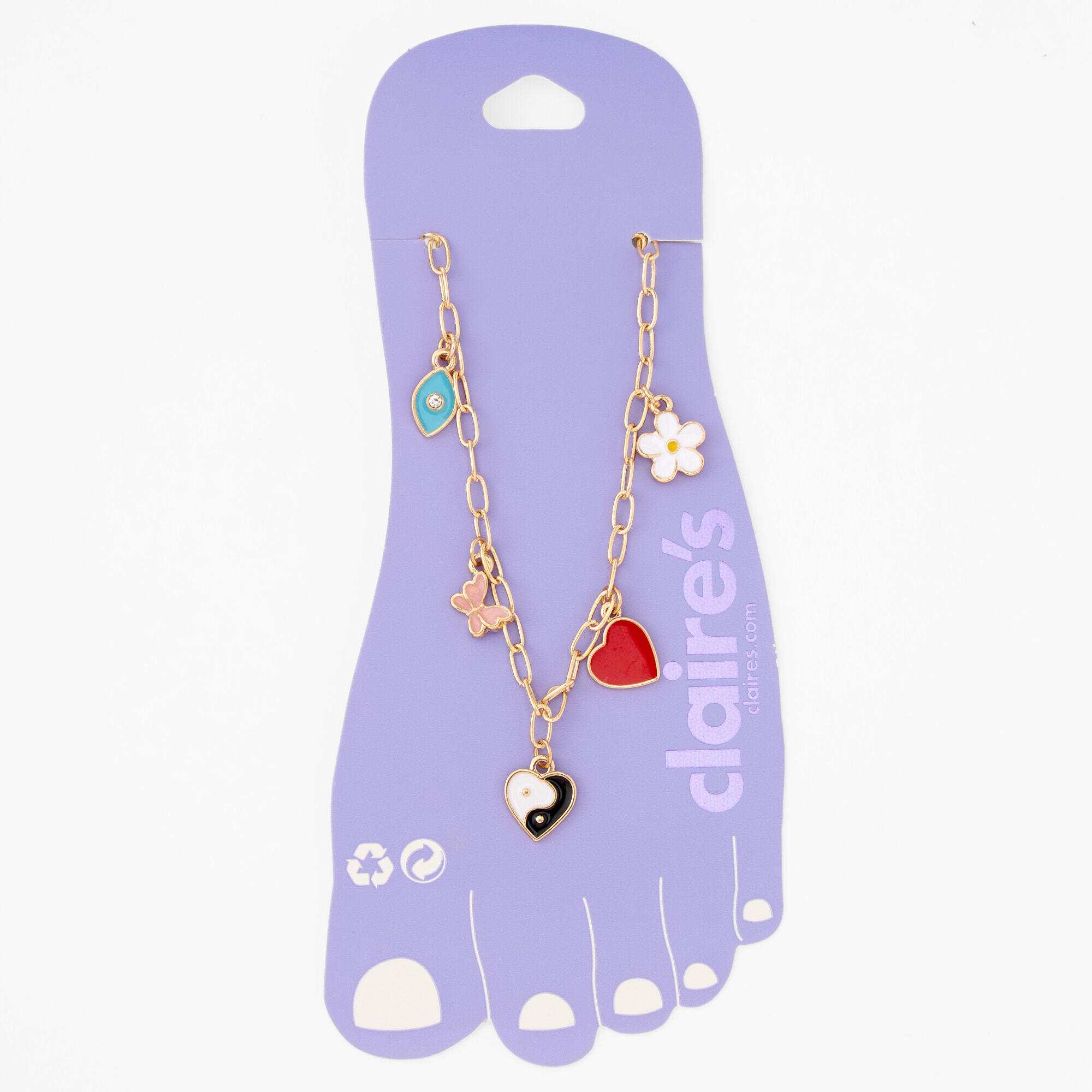 Gold Butterfly Heart Daisy Charm Chain Anklet Claire s US