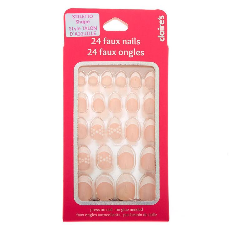 Glitter Pearl French Tip Stiletto Press On Faux Nail Set 24 Pack
