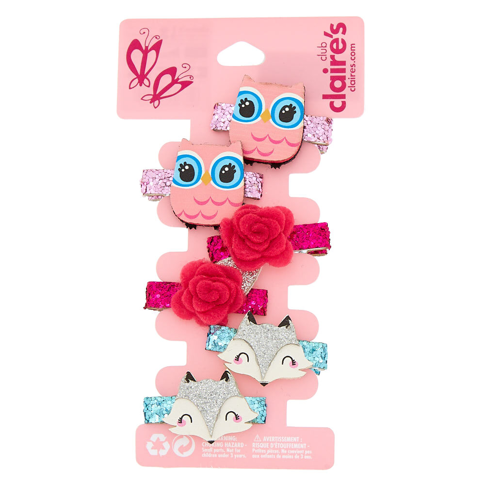 Claire s Club Glitter Animal Hair Clips 6 Pack Pink