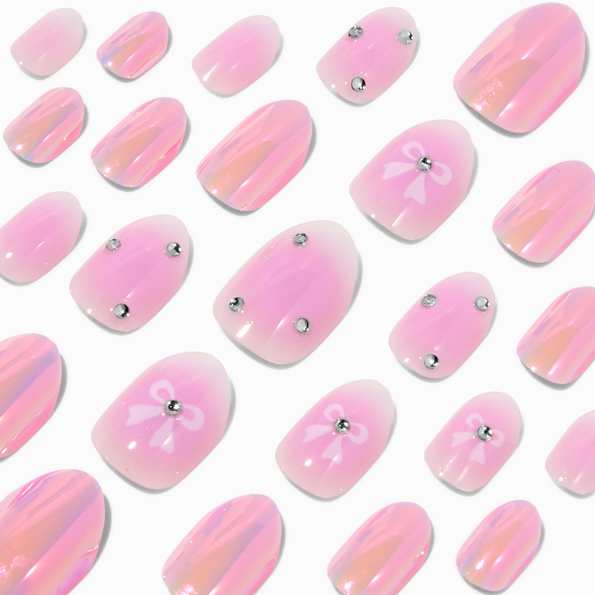 Pink Bow Chrome Stiletto Press On Vegan Faux Nail Set 24 Pack Claire s